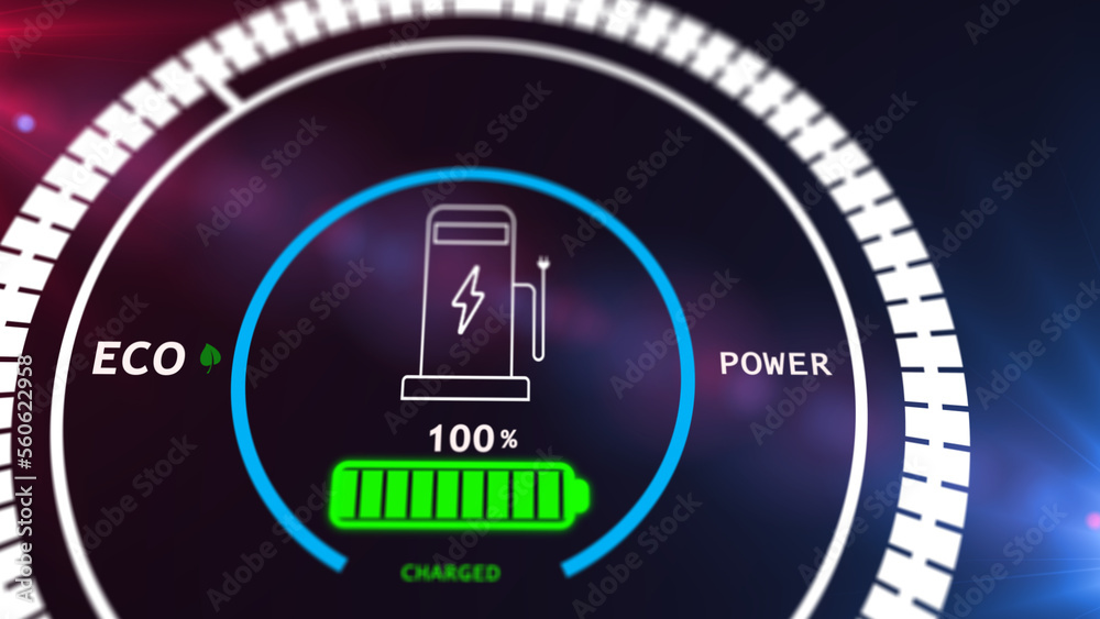Electric car battery in active charging visionary dashboard . 3D ...
