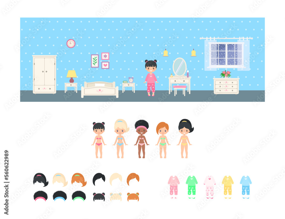 Cute Asian chibi girl dressed in pajamas in bedroom. Dress up paper ...