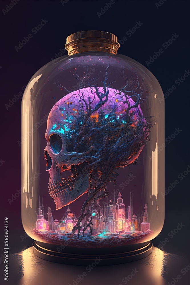 Human skeleton skull floating inside laboratory glass jar, infused with ...