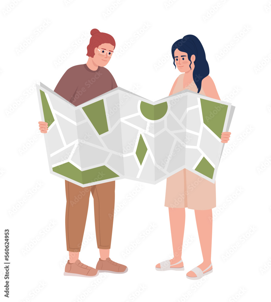 Young couple checking route semi flat color vector characters. Editable ...
