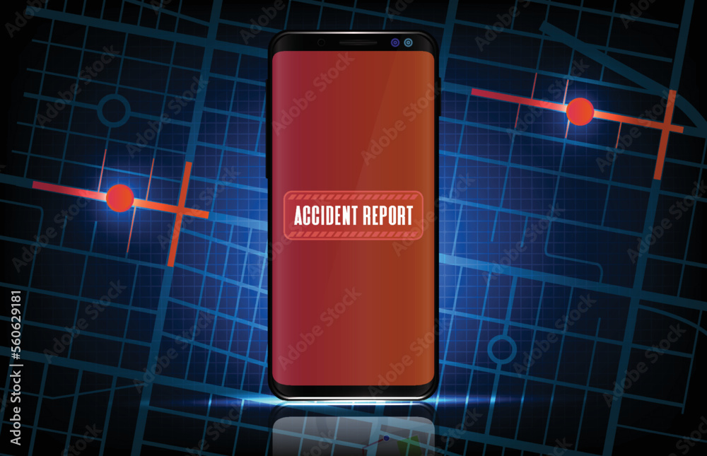 abstract background of futuristic accident report on mobile app and maps route road navigation ...