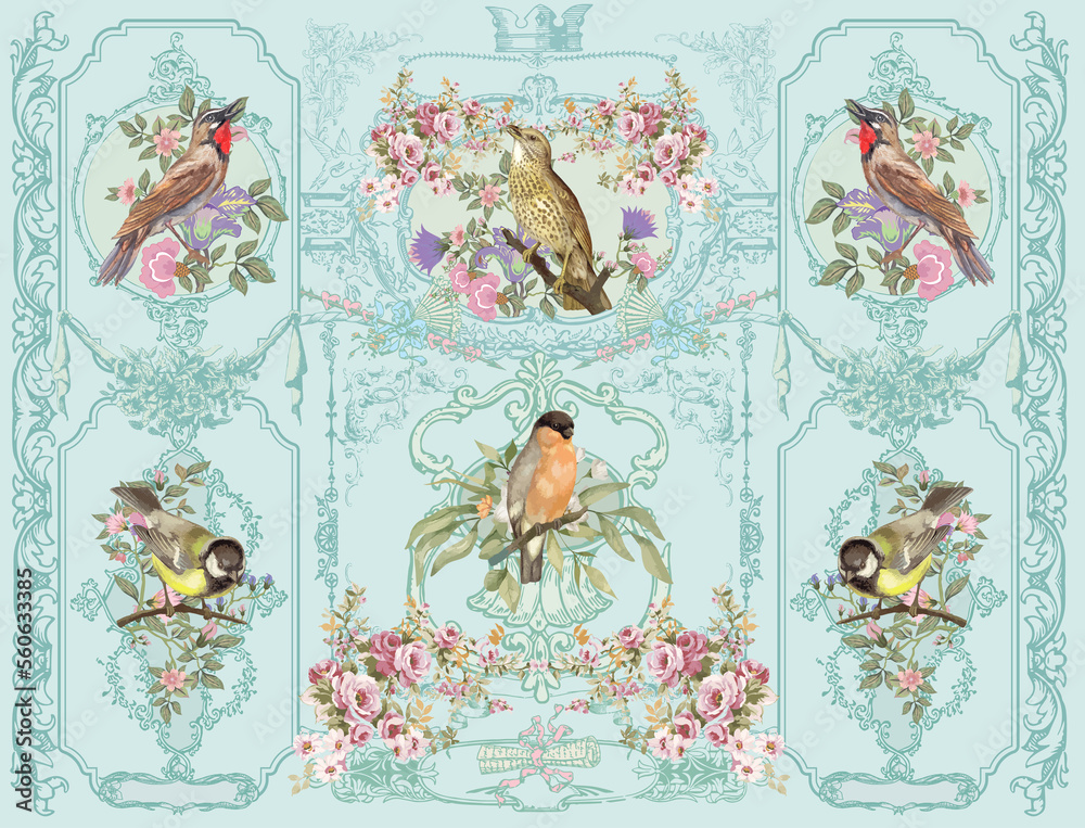 Vintage Victorian pastel floral wall. Baroque wall. Rococo painting ...