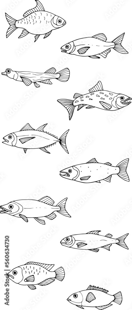 Underwater world of fishes doodle icons set. Collection of fish ...