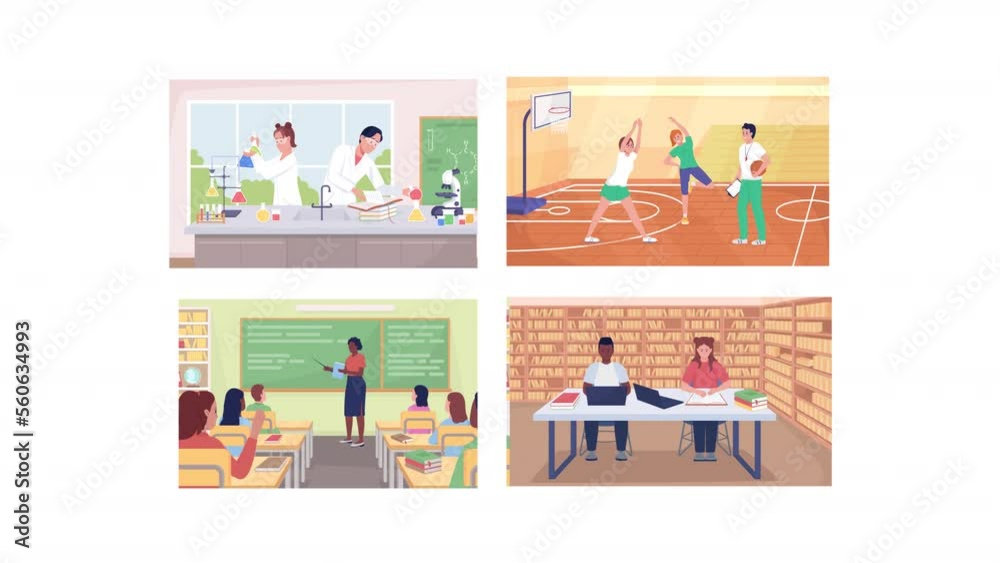 Animated high school classes set. Classrooms and library. Education ...