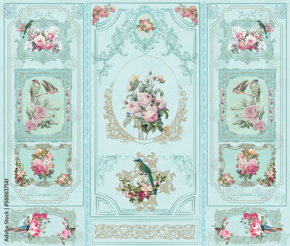 Vintage Victorian pastel floral wall. Baroque wall. Rococo painting ...