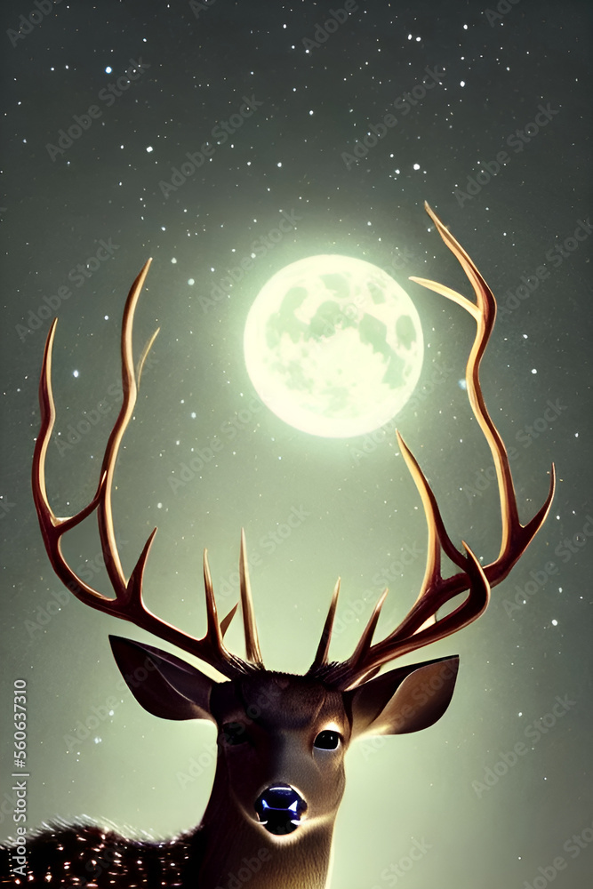 cervo con enormi corna nella notte stellata con luna piena, mistico ...