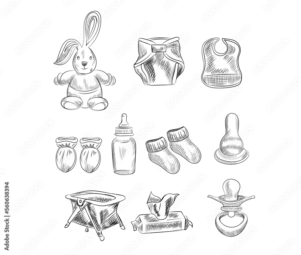 Hand-drawn sketch set of baby and infant items. vector illustration ...