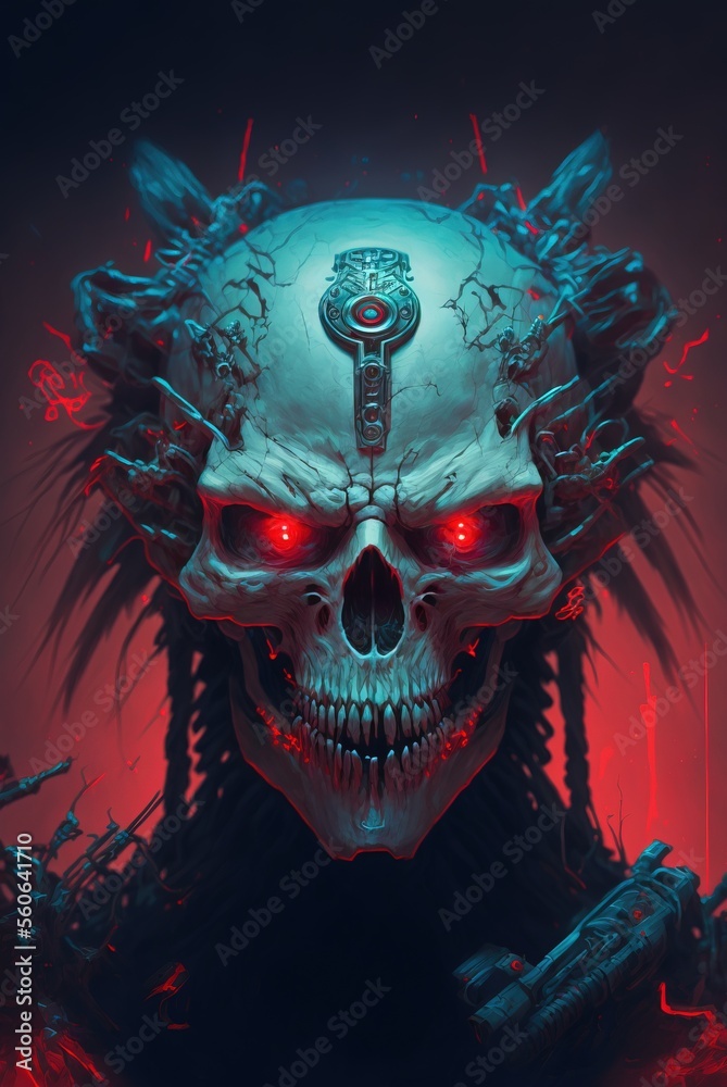 Horrific cyberpunk skeleton skull monstrosity, lethal undead android ...