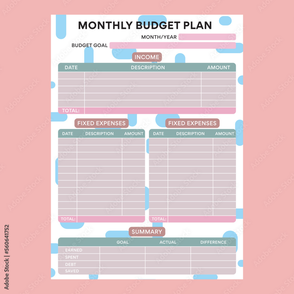 monthly budget planner with abstract background from blue horizontal ...