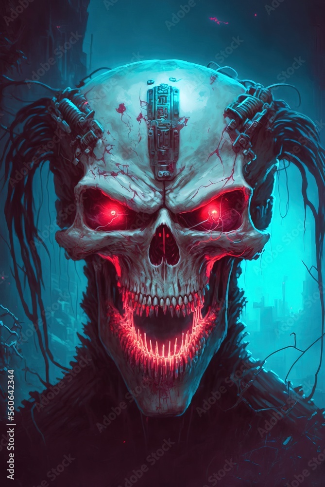 Horrific cyberpunk skeleton skull monstrosity, lethal undead android ...