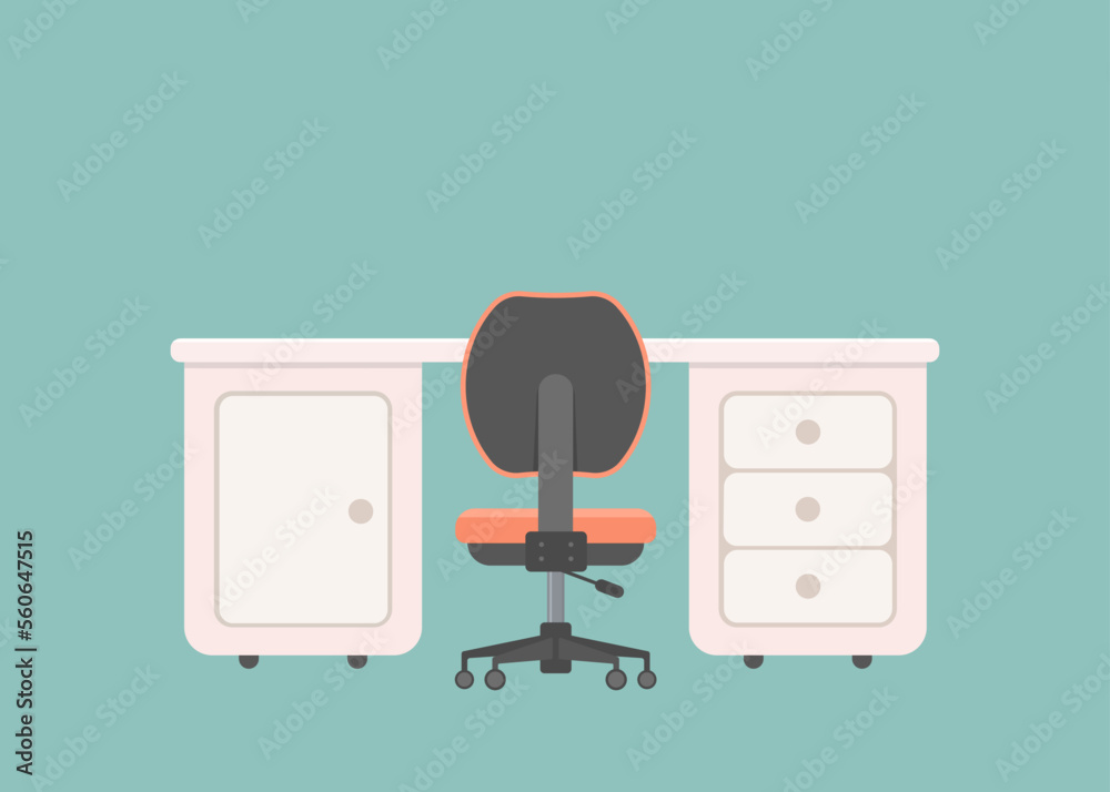 Office desk and chair isolated on green background. Office interior ...