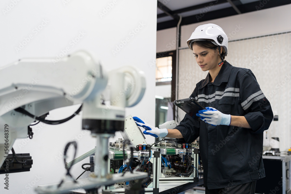 Female engineer control autonomous mobile robot or AMR in the ...