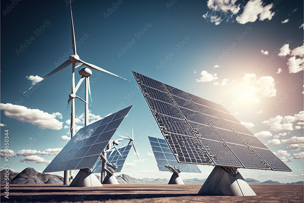 Solar cells and wind turbines produce alternative energy AI Stock ...