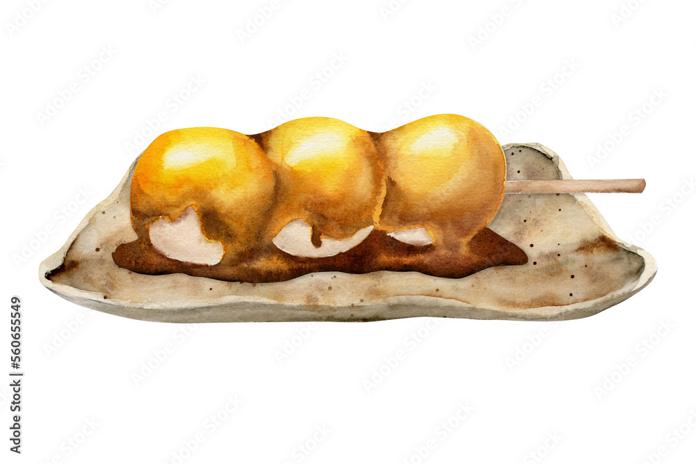 Watercolor hand drawn traditional Japanese sweets. Ceramic dish with ...