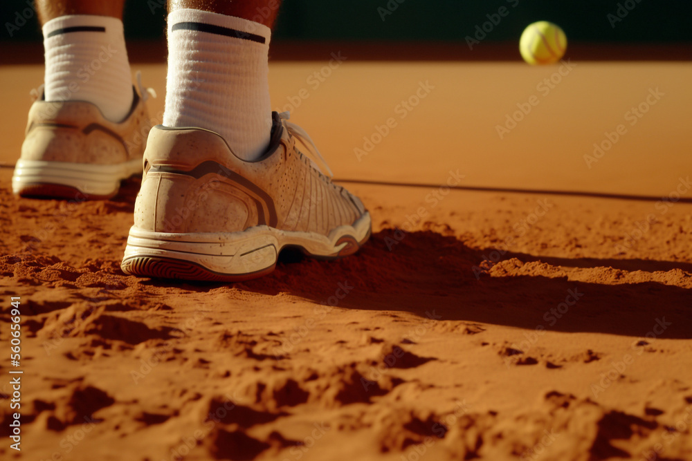 Feet and legs of a tennis player on clay court viewed from low angle ...