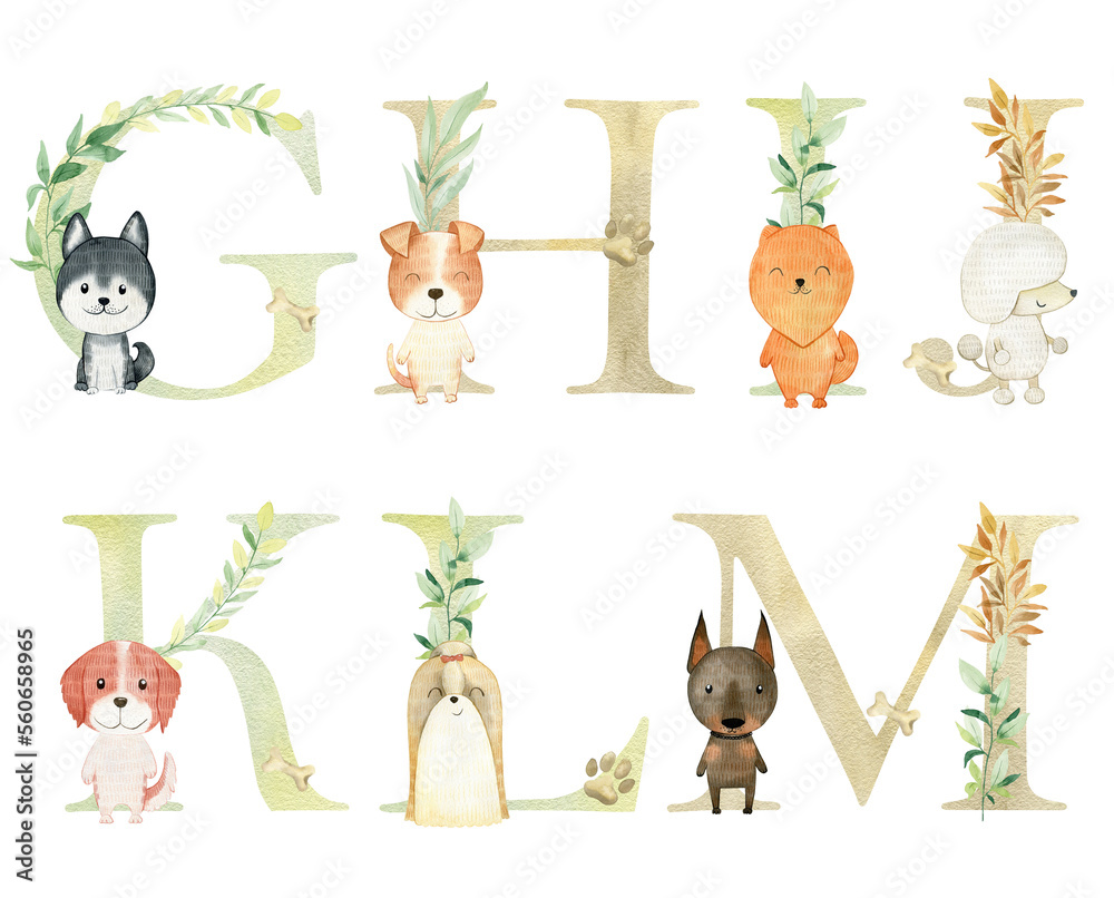 Watercolor dogs letters for invitation card, nursery poster and other ...