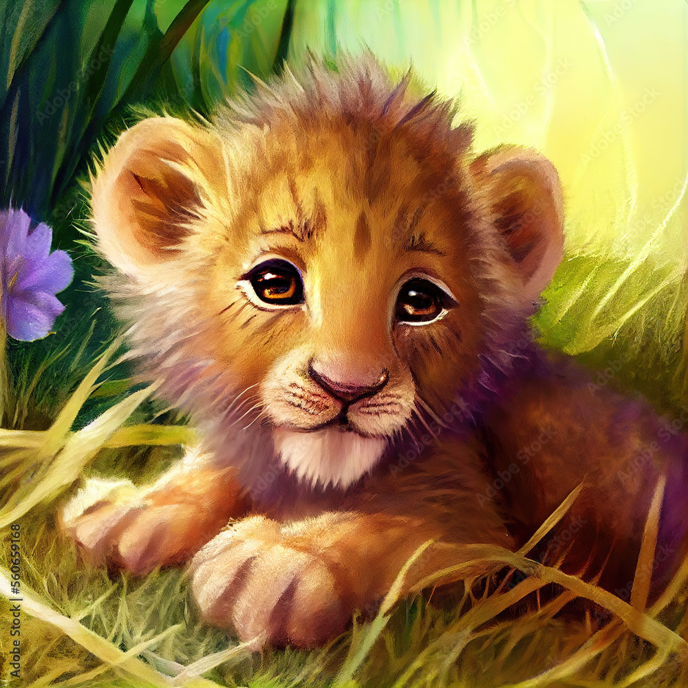 Cute little lion baby cub as digital drawing (Generative AI) Stock ...