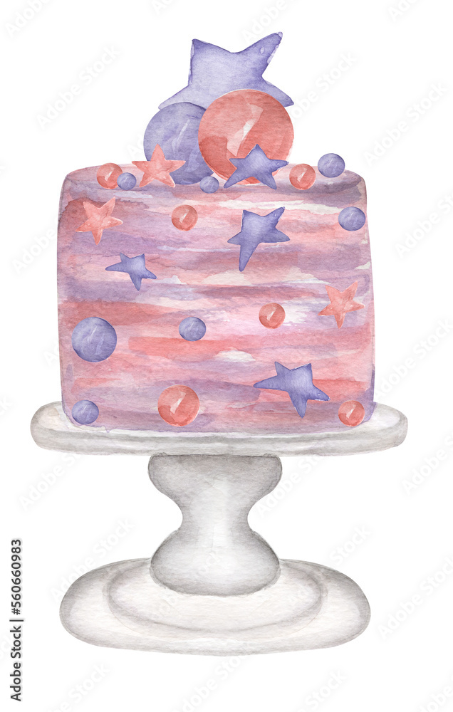 Watercolor cake clip art, birthday celebration cake illustration, pink ...