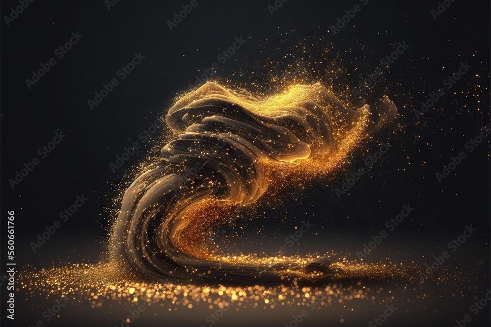 a gold and black swirl on a black background with gold dust around it ...