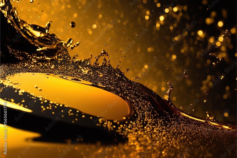 a yellow liquid splashing on top of a black surface with a yellow ...