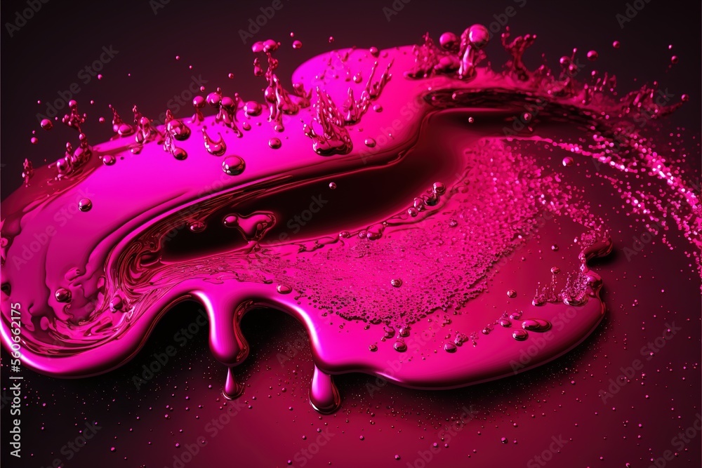 a pink liquid swirl with drops of water on it's surface, with a black ...