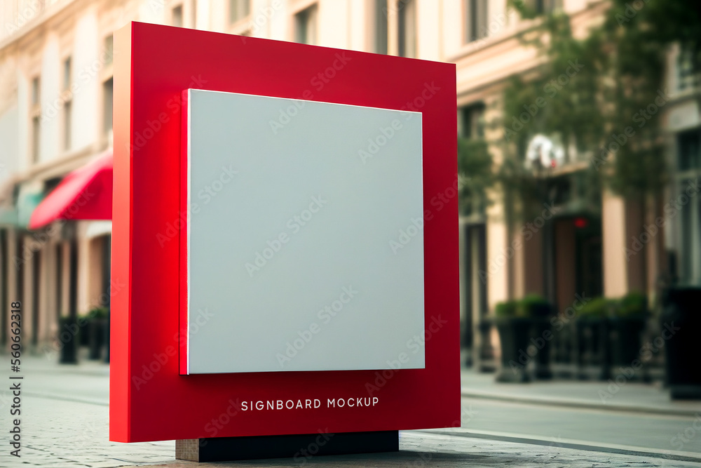 Red square signboard mockup in outside for logo design, brand ...