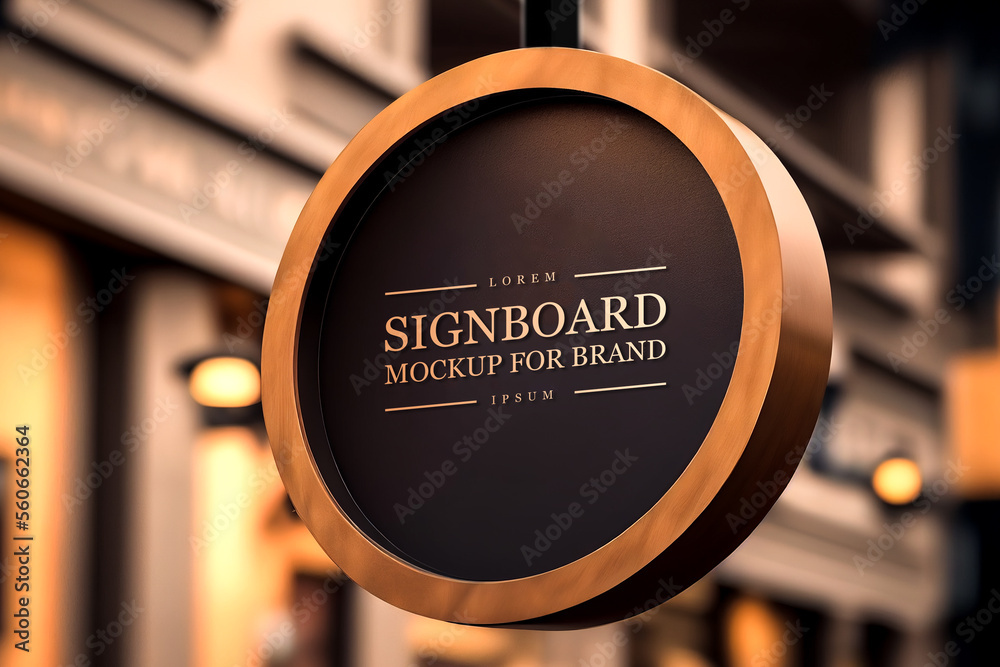 Black round signboard on the wall outdoor, mock up for logo design ...