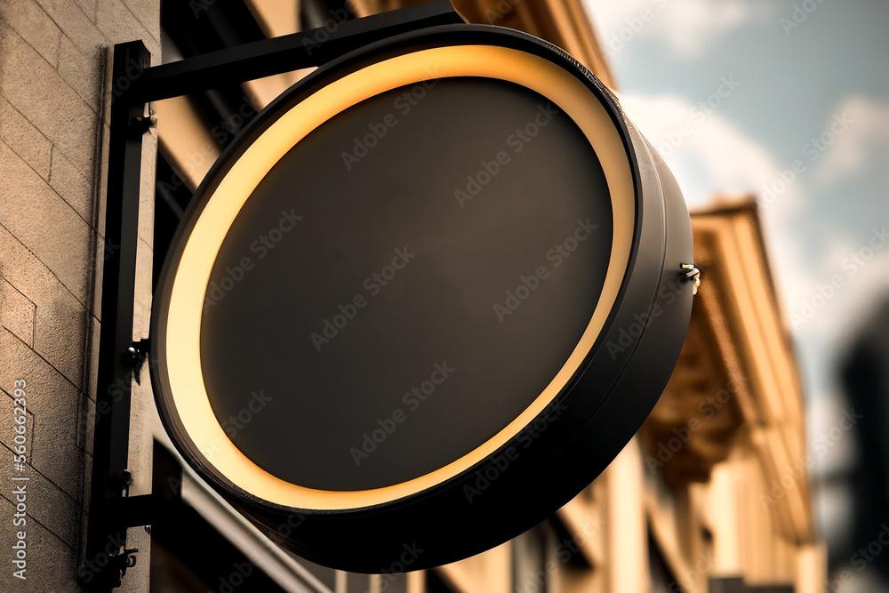 Blank round black signboard on the wall outdoor, mock up for logo ...