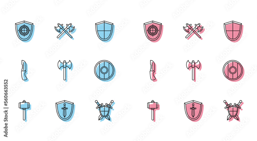 Set line Battle hammer, Medieval shield with sword, Target sport ...