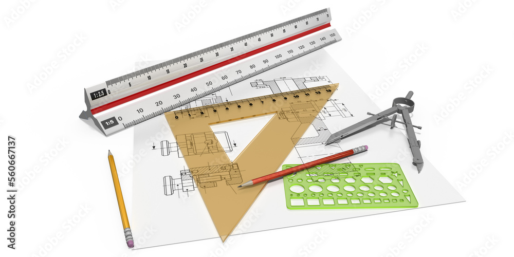 3d Lineal, Dreickmeßstab mit Zeichendreieck, Zirkel, Bleistifte ...