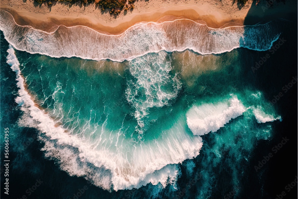 an aerial view of a beach and ocean waves from above, with a sandy ...
