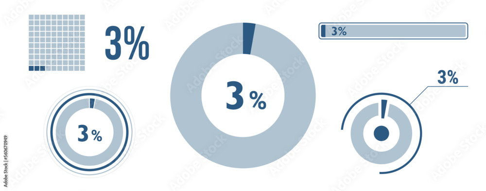 3% percentage infographic set. Three circle diagram, pie donut chart ...