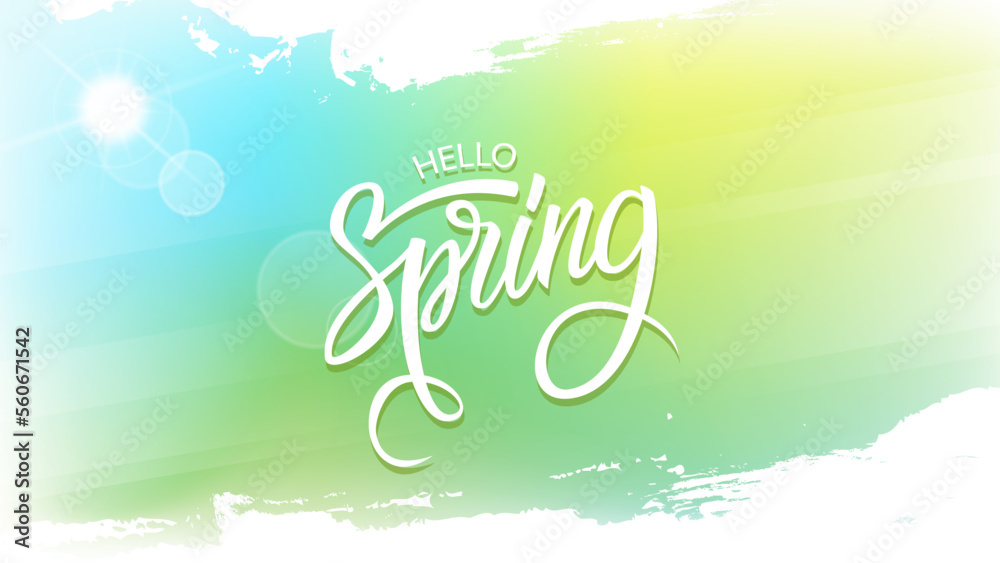 Spring season blurred background with bright sun, hand lettering and ...