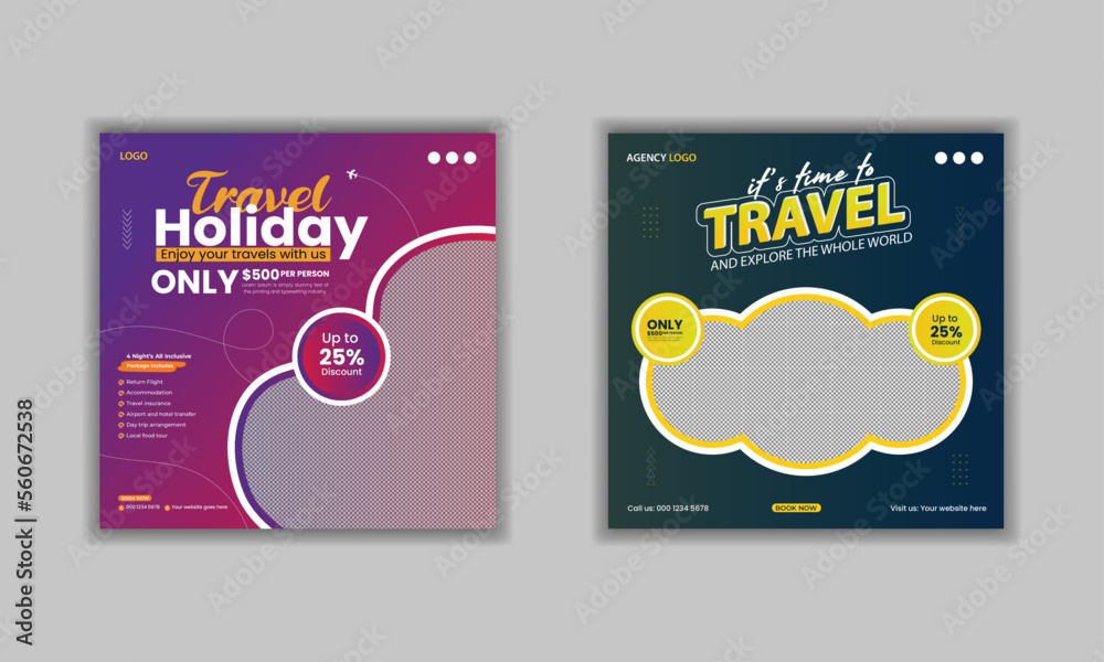 Travel agency social media post template , traveling business promotion ...