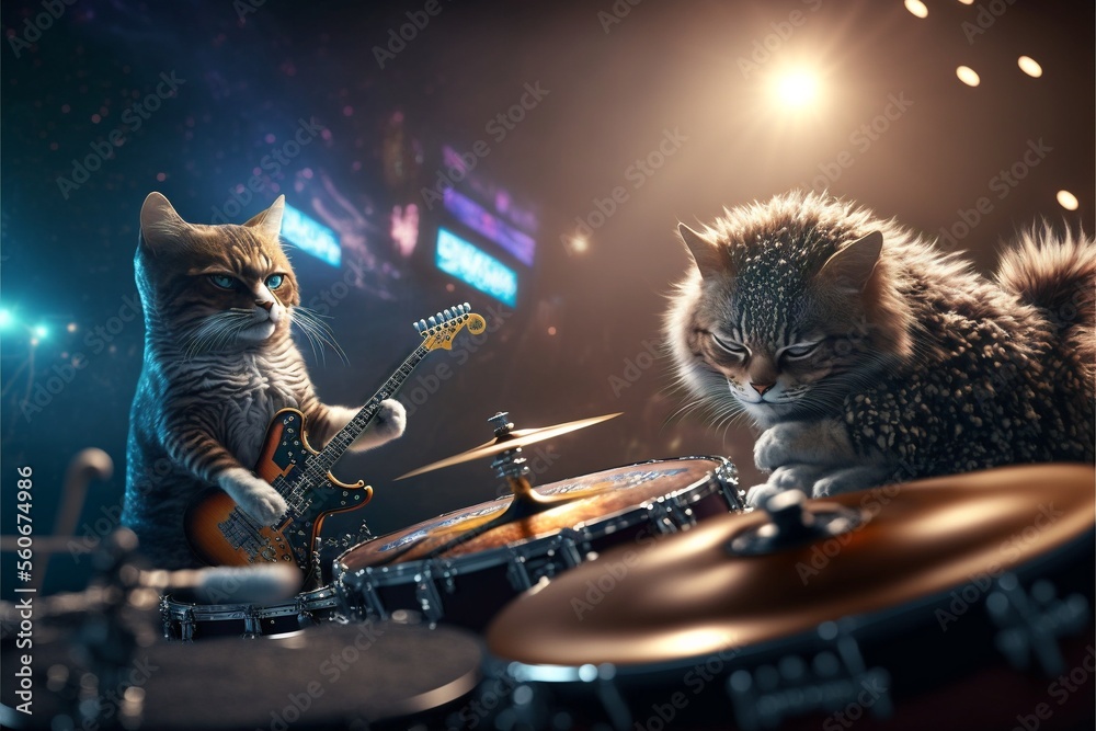Cats as rock stars playing guitar at concert created with generative AI ...