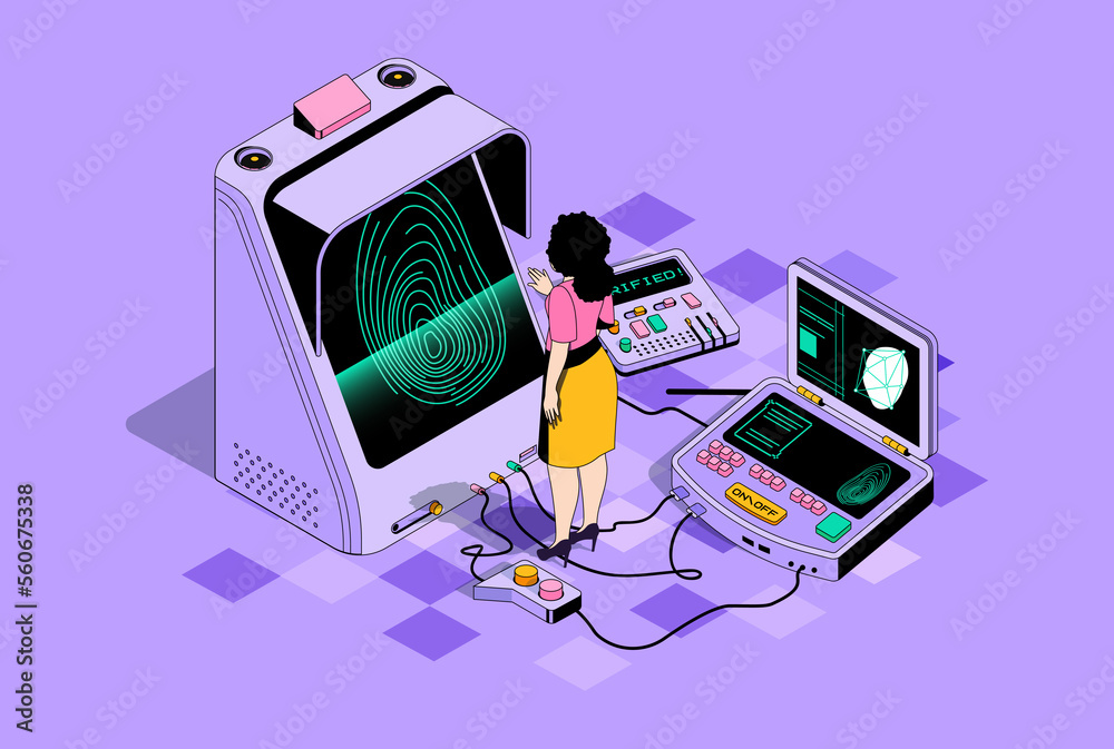 Biometric control concept in 3d isometric design. Woman uses secure ...