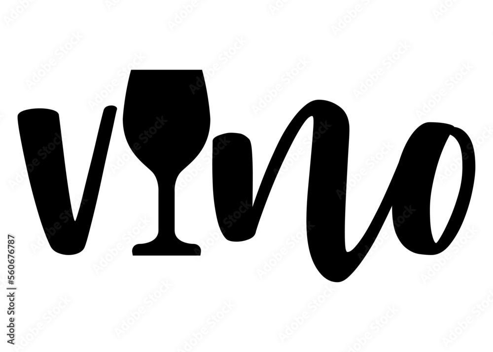 Logo carta de vino. Letras de la palabra vino con copa de vino en lugar ...
