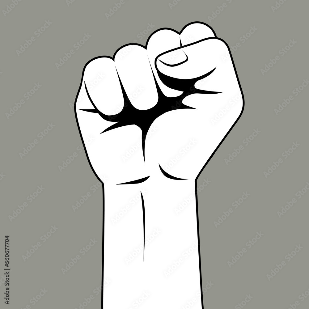 Black and white isolated line drawing of a raised hand clenched into a ...