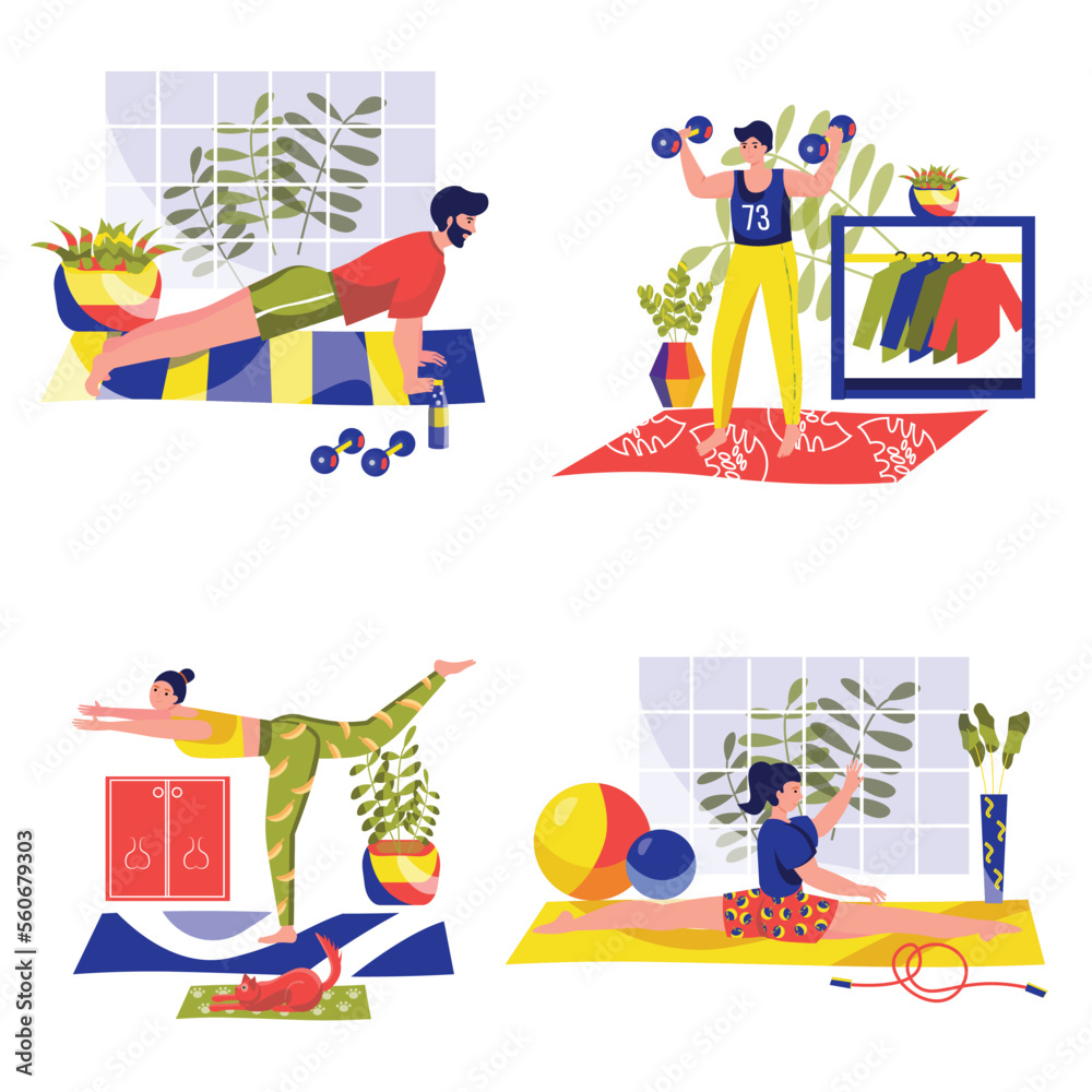 Sport set concept with people scene in the flat cartoon style. People ...