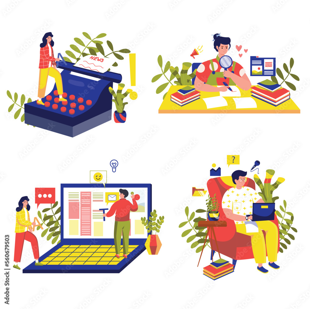 Journalism set concept with people scene in the flat cartoon style. Journalists are looking for ...