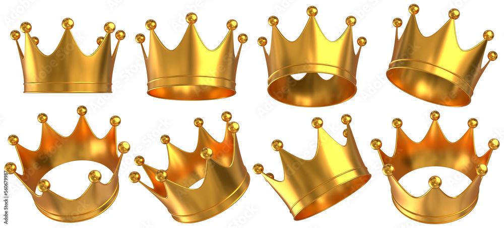 Tall golden crowns for queen or king. Crowns in different positions. 3D ...