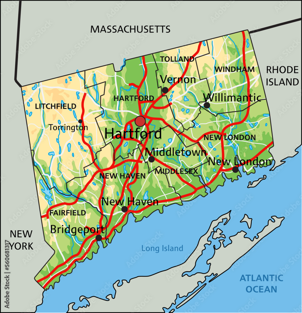High detailed Connecticut physical map with labeling. Stock Vector ...