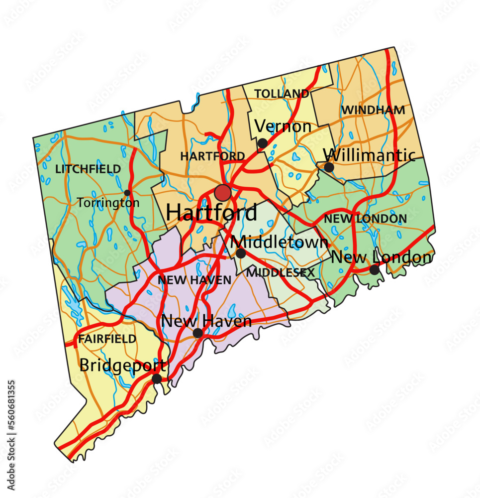 Connecticut - Highly detailed editable political map with labeling ...