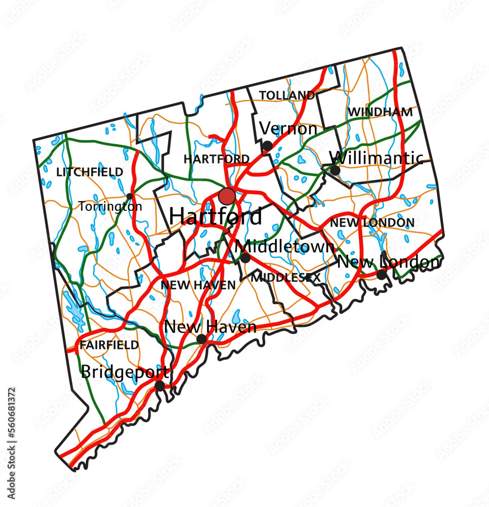 Connecticut road and highway map. Vector illustration. Stock Vector ...