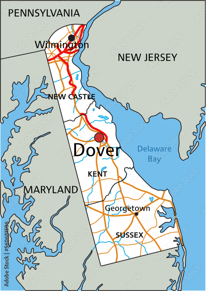 High detailed Delaware road map with labeling. Stock Vector | Adobe Stock