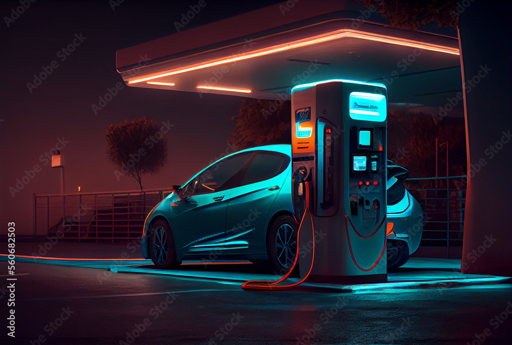EV car with Electric charging station charger and blue glowing light ...