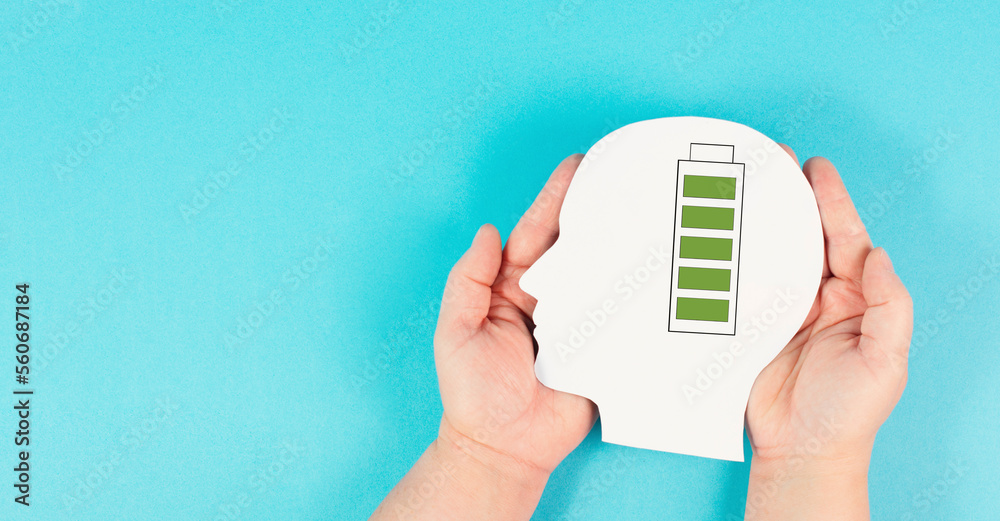 Full loaded battery, positive thinking and mental health concept, brain ...