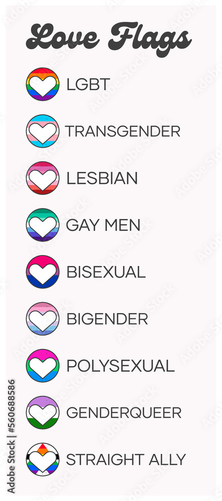 LGBTQ+ sexual identity pride flags collection with hearts. Flag of gay ...