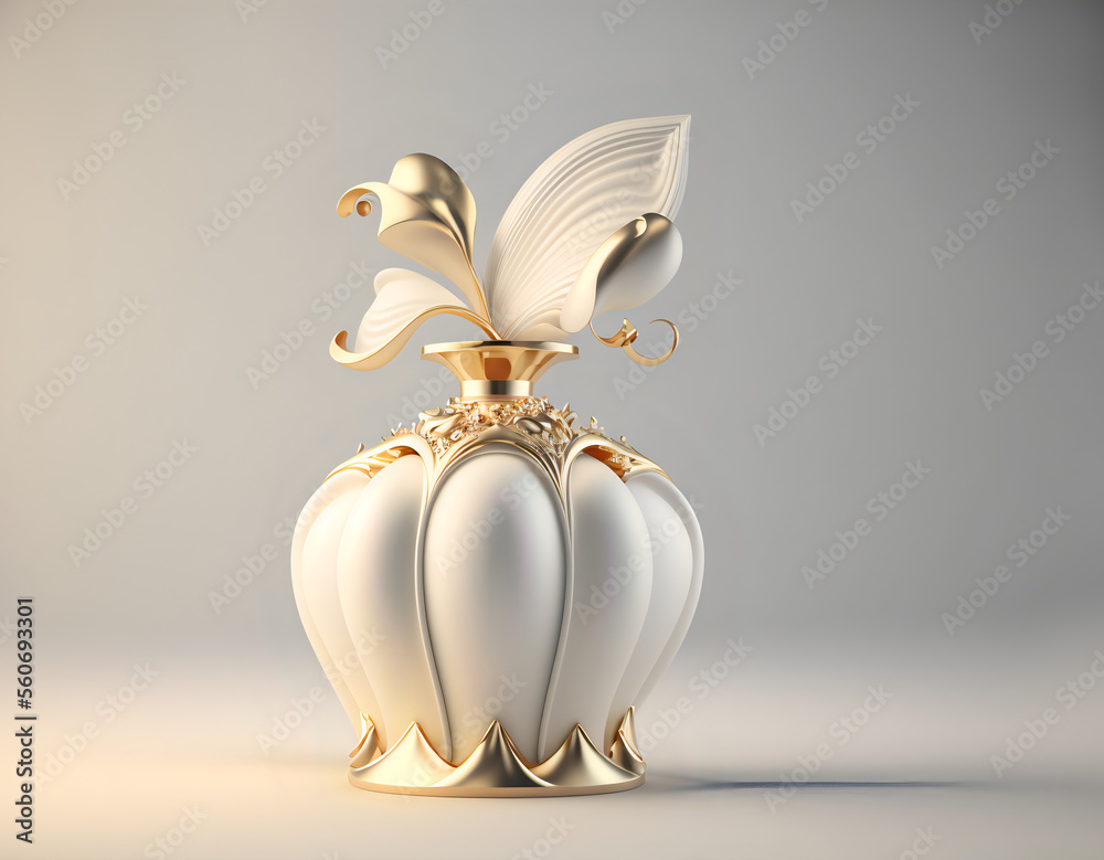Matte white perfume bottle with flowing waves and golden decor on a ...