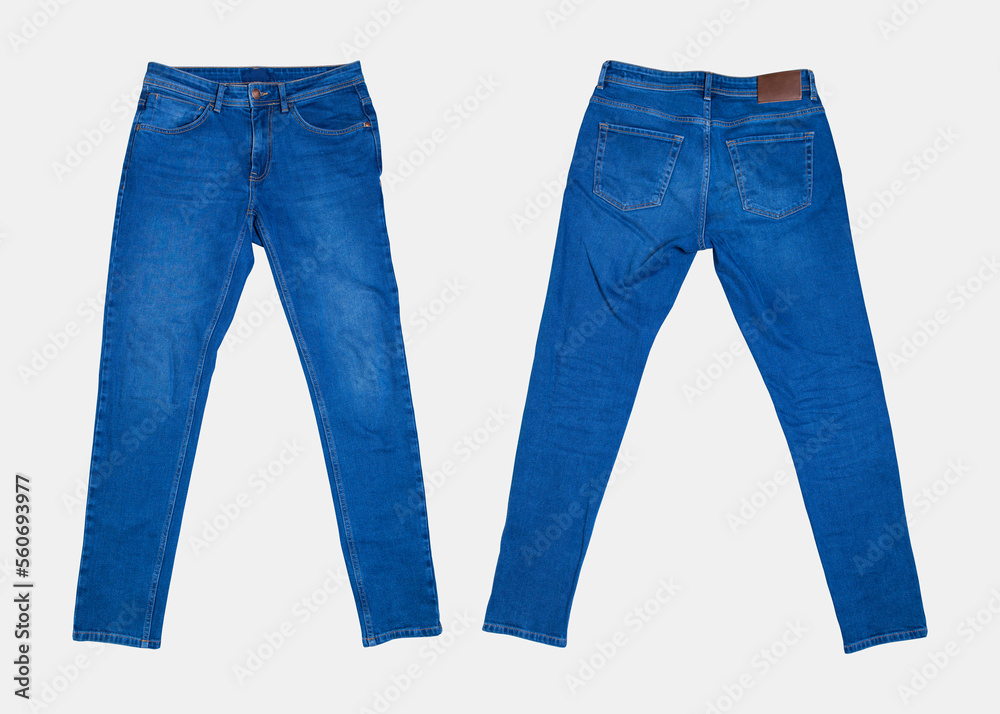 Blue jeans isolated on gray background. Front and back view jeans ...